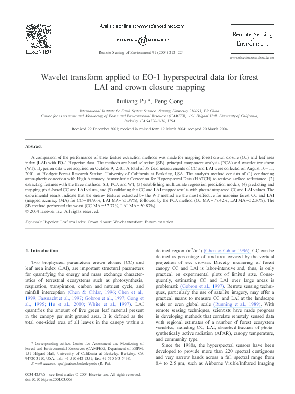 (PDF) Wavelet transform applied to EO-1 hyperspectral data for forest LAI and crown closure mapping