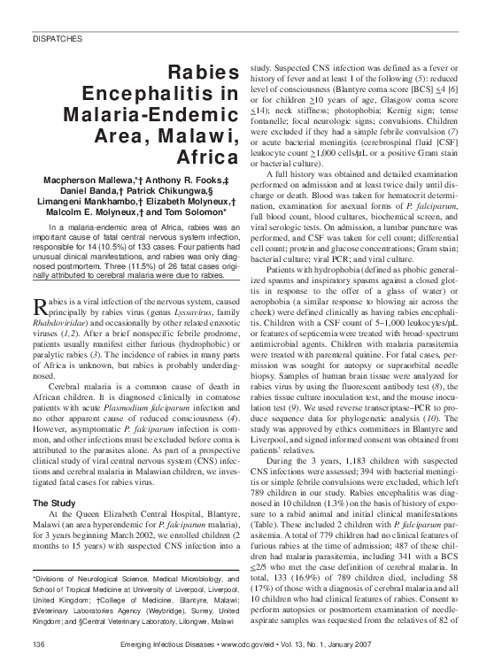 (PDF) Rabies Encephalitis in Malaria-Endemic Area, Malawi, Africa