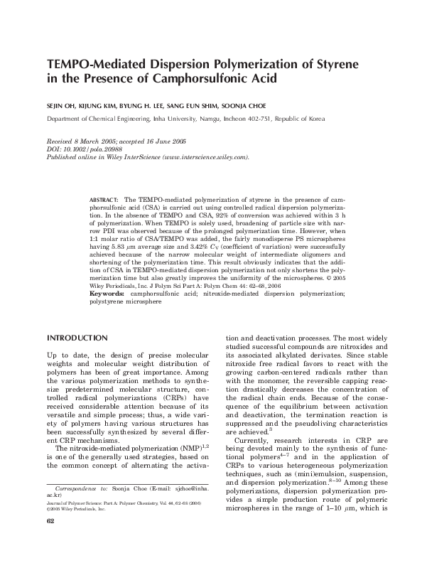 (PDF) TEMPO-mediated dispersion polymerization of styrene in the ...