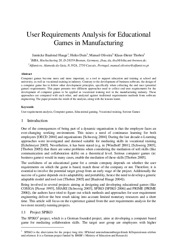 (PDF) User Requirements Analysis for Educational Games in Manufacturing
