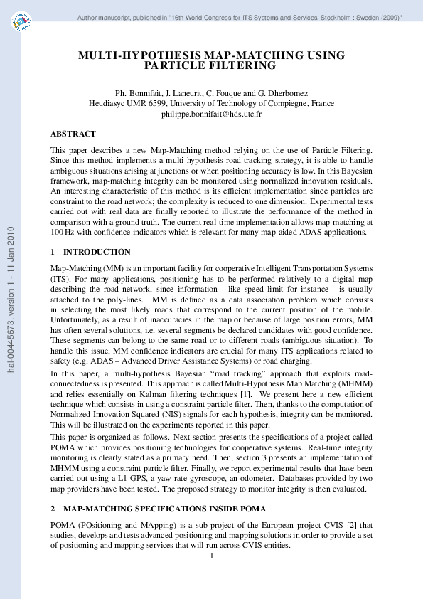 Pdf Multi Hypothesis Map Matching Using Particle Filtering