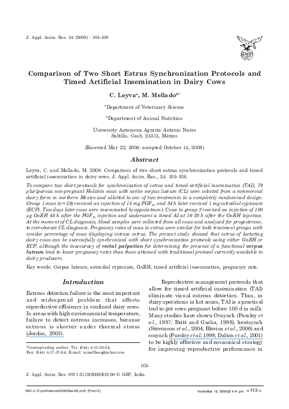 Pdf Comparison Of Two Short Estrus Synchronization Protocols And Timed Artificial Insemination