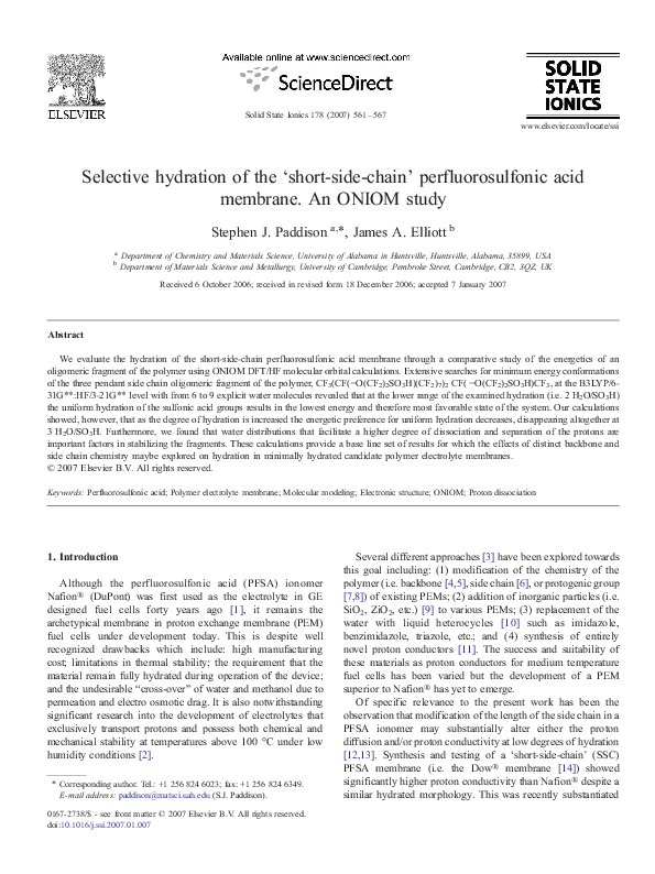 (PDF) Selective hydration of the ‘short-side-chain’ perfluorosulfonic acid membrane. An ONIOM study