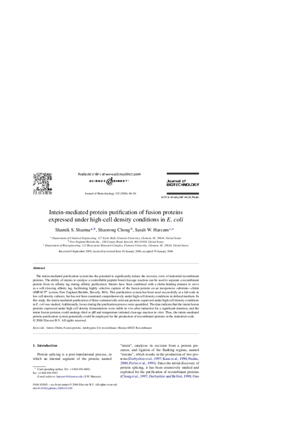 (PDF) Intein-mediated protein purification of fusion proteins expressed ...
