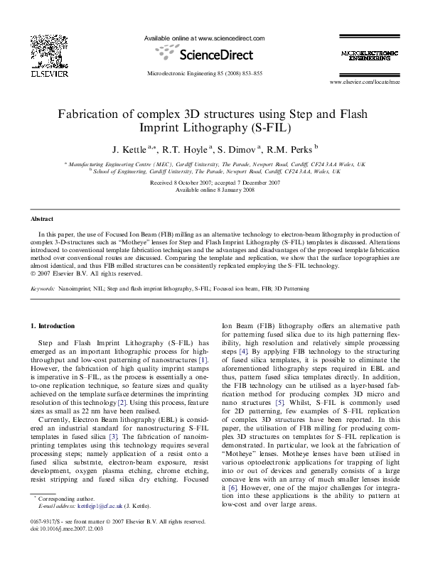 (PDF) Fabrication of complex 3D structures using Step and Flash Imprint Lithography (S-FIL)
