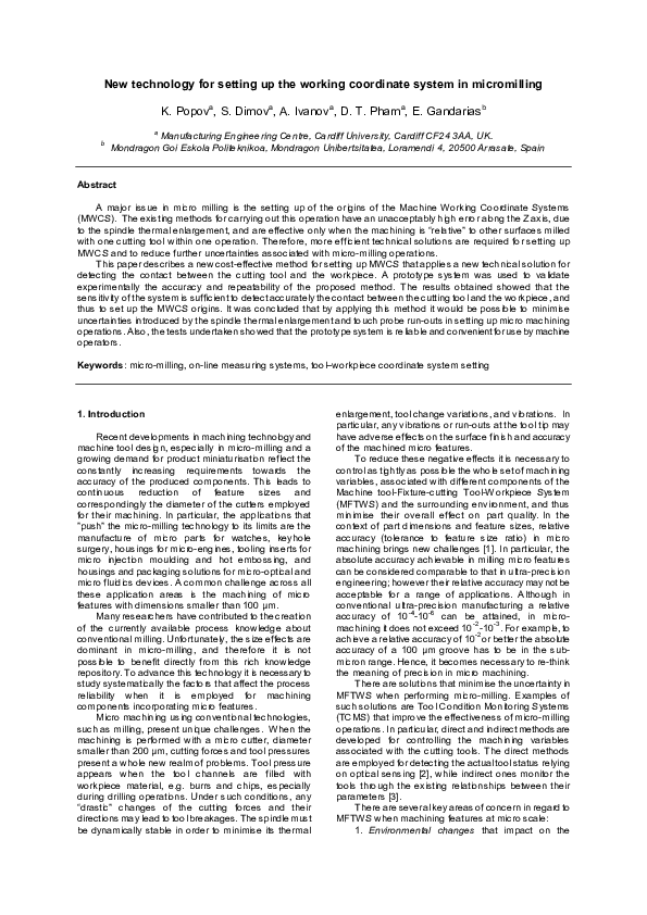 (PDF) New Technology for setting up The Working Coordinate system in micromilling