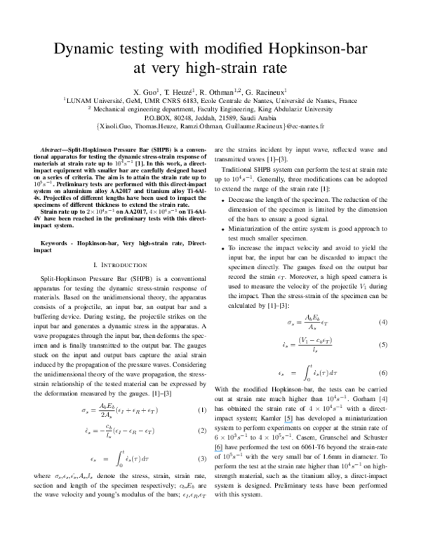 (PDF) Dynamic testing with modified Hopkinson-bar at very high-strain rate