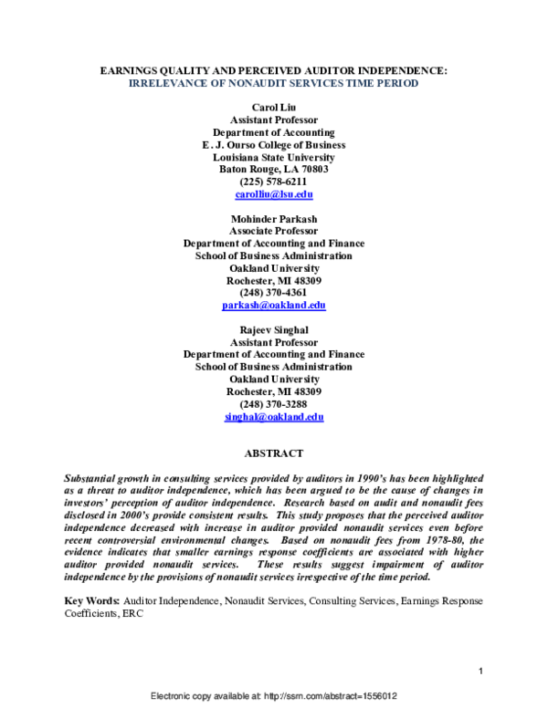 (PDF) Earnings quality and perceived auditor independence: irrelevance ...