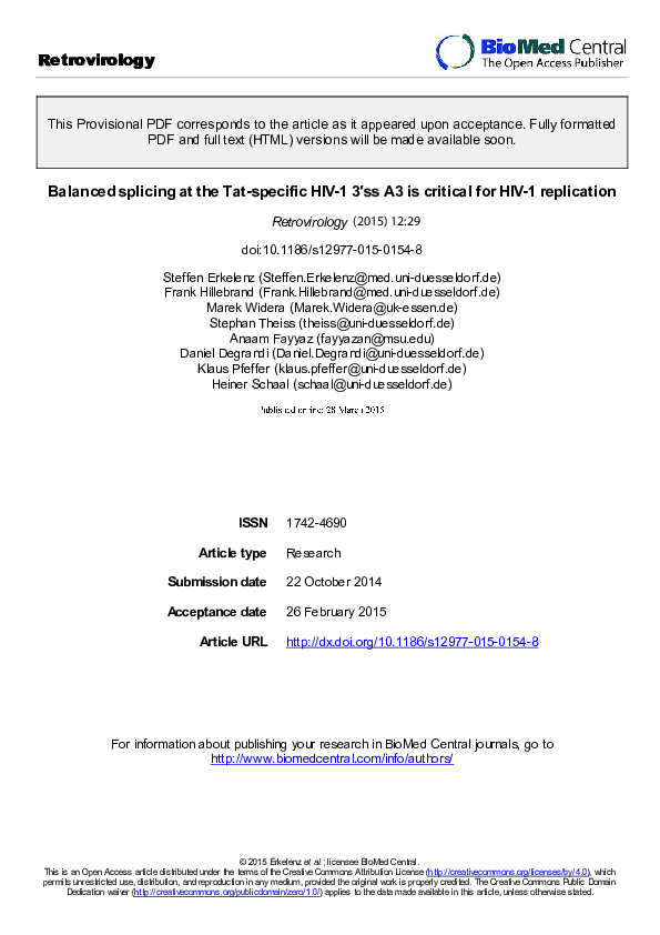 (PDF) Balanced splicing at the Tat-specific HIV-1 3′ss A3 is critical ...
