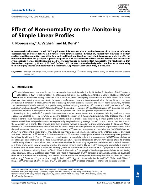 Pdf Effect Of Non Normality On The Monitoring Of Simple Linear Profiles
