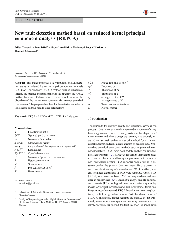 Pdf New Fault Detection Method Based On Reduced Kernel Principal Component Analysis Rkpca