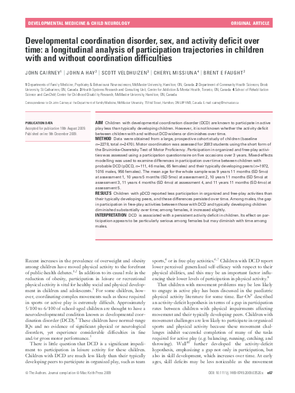 (PDF) Developmental coordination disorder, sex, and activity deficit over time: a longitudinal ...