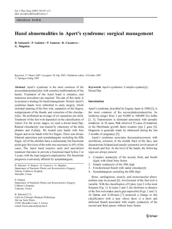 (PDF) Hand abnormalities in Apert’s syndrome: surgical management