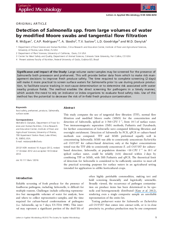 (PDF) Detection of Salmonella spp. from large volumes of water by ...
