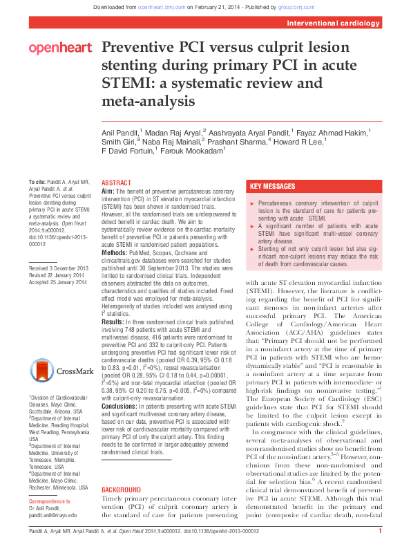 (PDF) Preventive PCI versus culprit lesion stenting during primary PCI ...