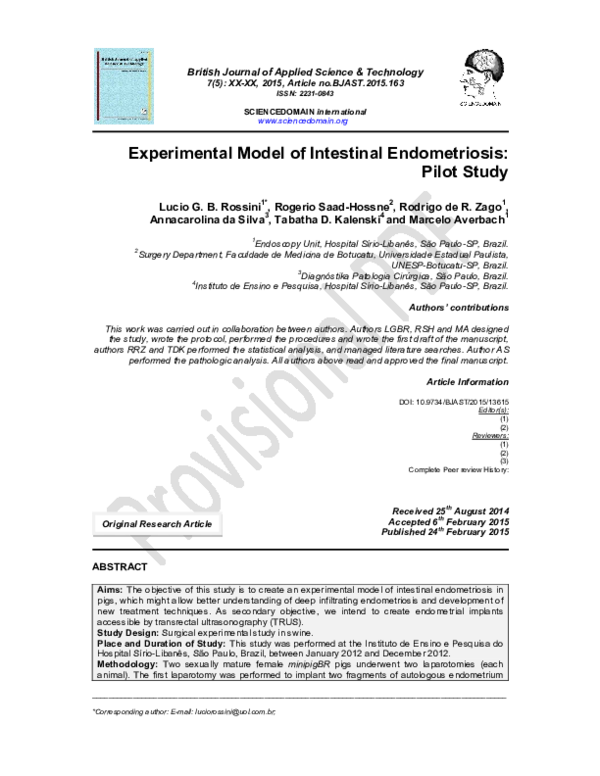 (PDF) Experimental Model of Intestinal Endometriosis: Pilot Study