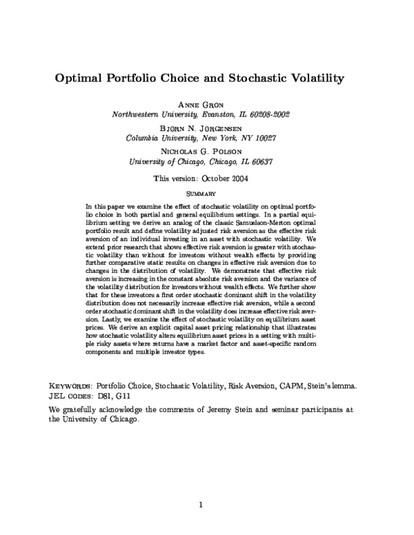 Pdf Optimal Portfolio Choice And Stochastic Volatility