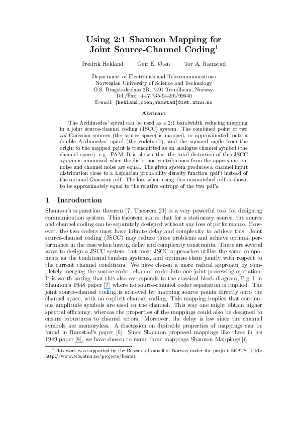 (PDF) Using 2:1 Shannon Mapping for Joint Source-Channel Coding