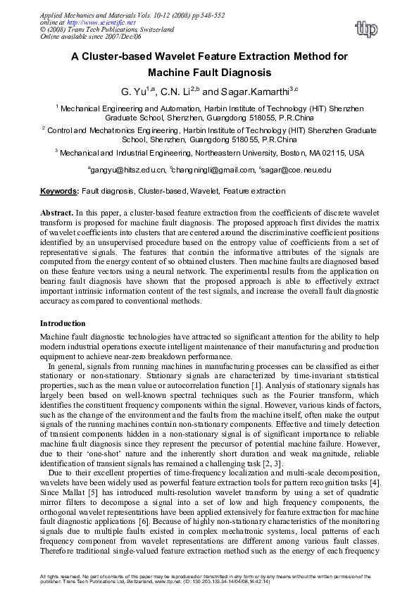 (PDF) A Cluster-Based Wavelet Feature Extraction Method for Machine Fault Diagnosis