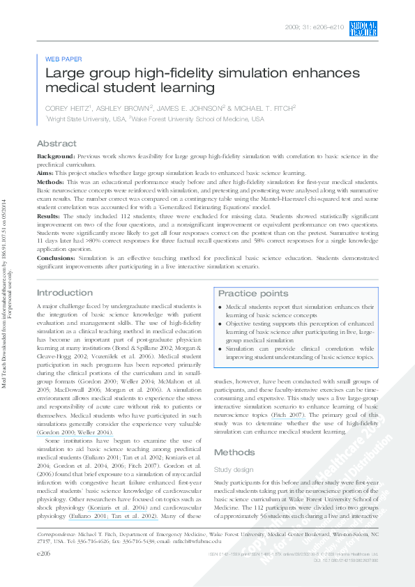 (PDF) Large group high-fidelity simulation enhances medical student learning