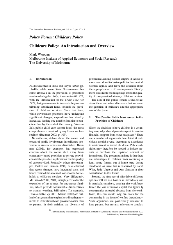 (PDF) Childcare Policy: An Introduction and Overview
