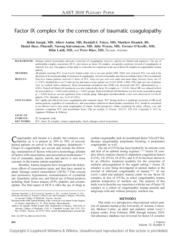 (PDF) Factor IX complex for the correction of traumatic coagulopathy