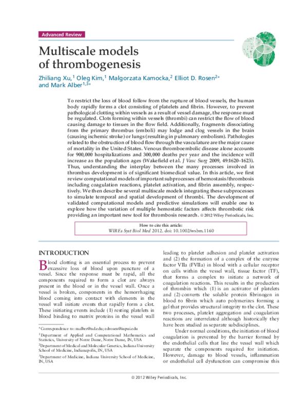 (PDF) Multiscale models of thrombogenesis