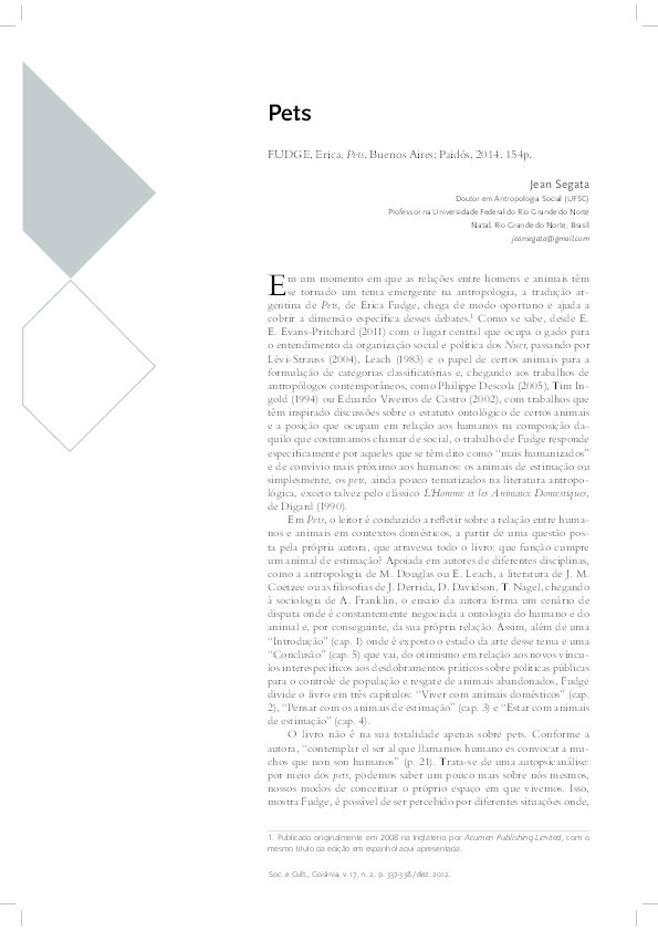 (PDF) Resenha de "Pets", de Erica Fudge (Sociedade & Cultura)