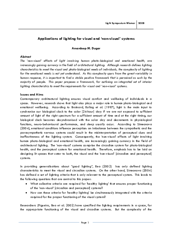 (PDF) Applications of Lighting for Visual & Non-visual needs