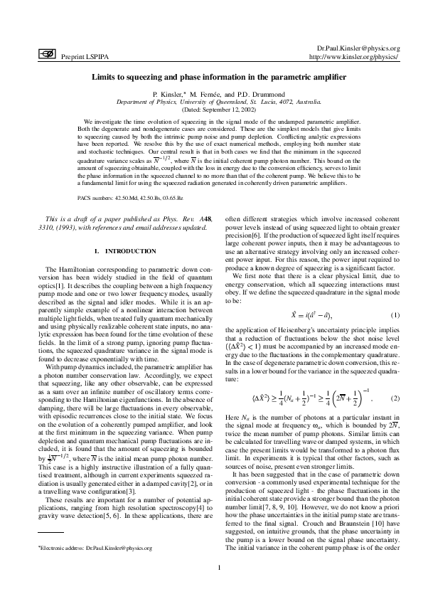 Pdf Limits To Squeezing And Phase Information In The Parametric Amplifier