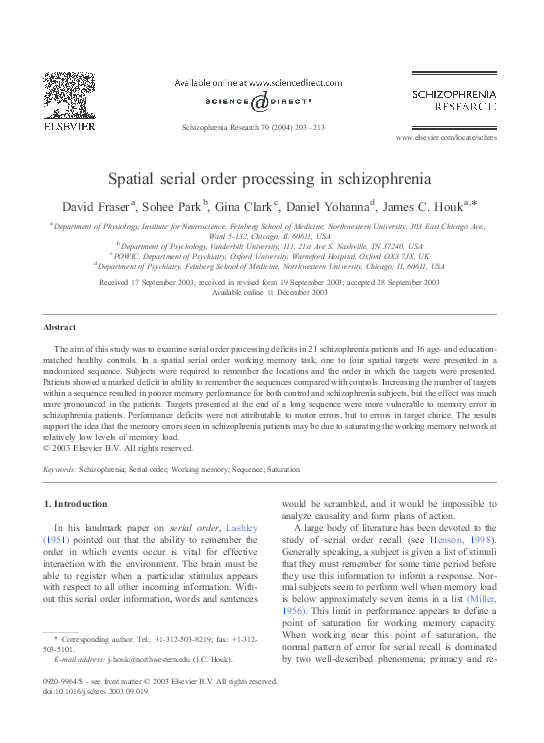 (PDF) Spatial serial order processing in schizophrenia
