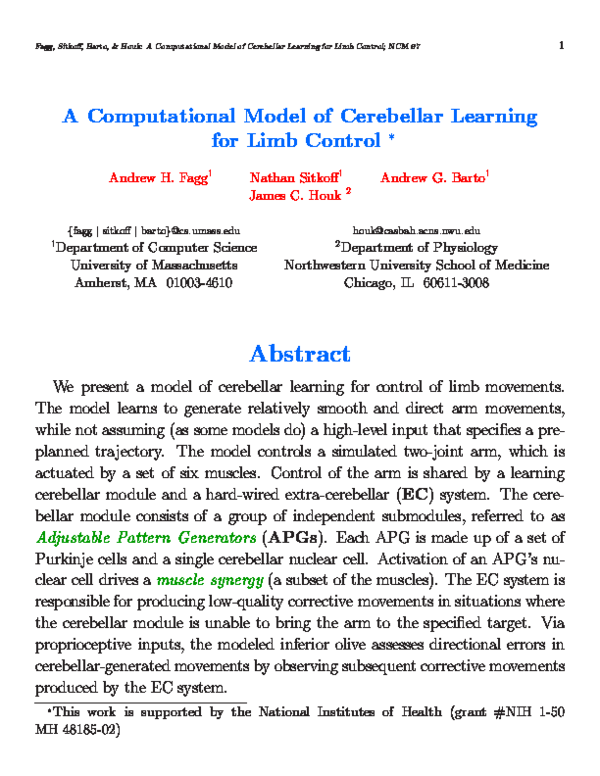(PDF) A Computational Model of Cerebellar Learning for Limb Control