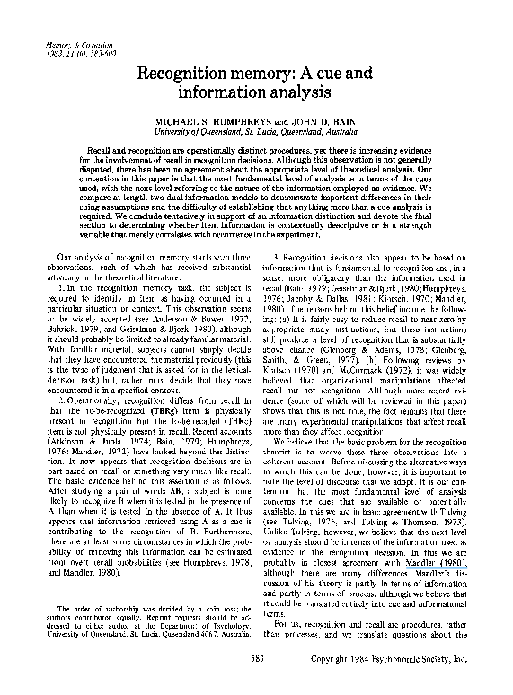(PDF) Recognition memory: A cue and information analysis
