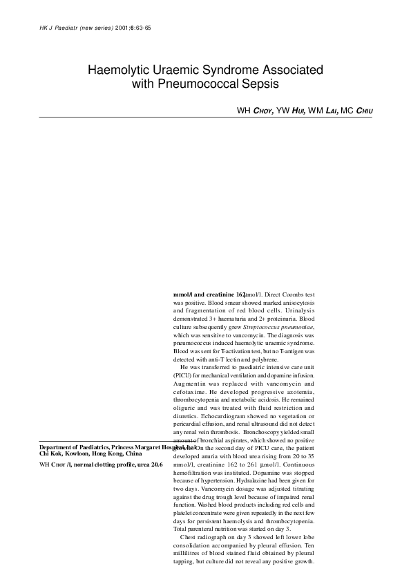 (PDF) Hemolytic Uremic Syndrome associated with Pseudomonas aeruginosa ...