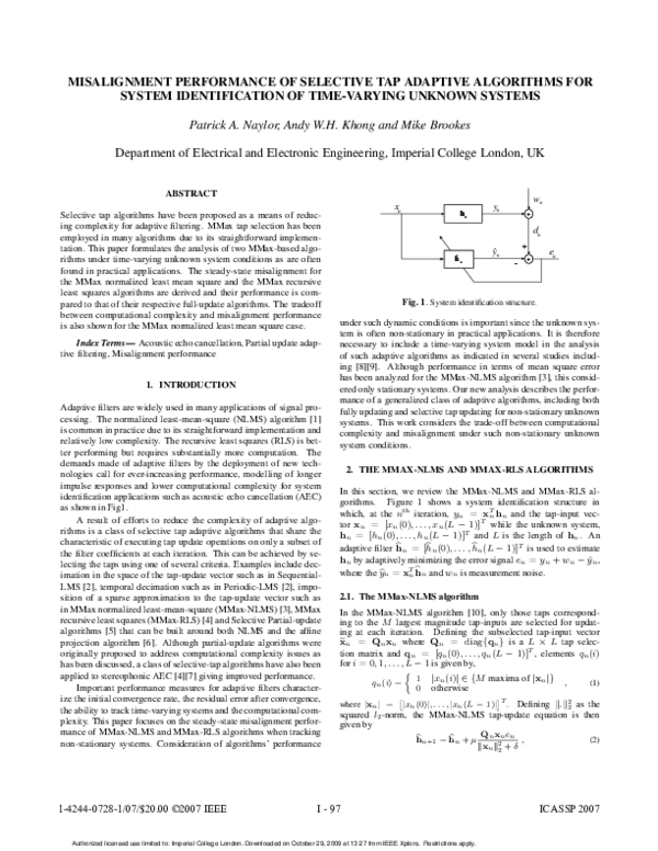 (PDF) Misalignment Performance of Selective Tap Adaptive Algorithms for System Identification of ...