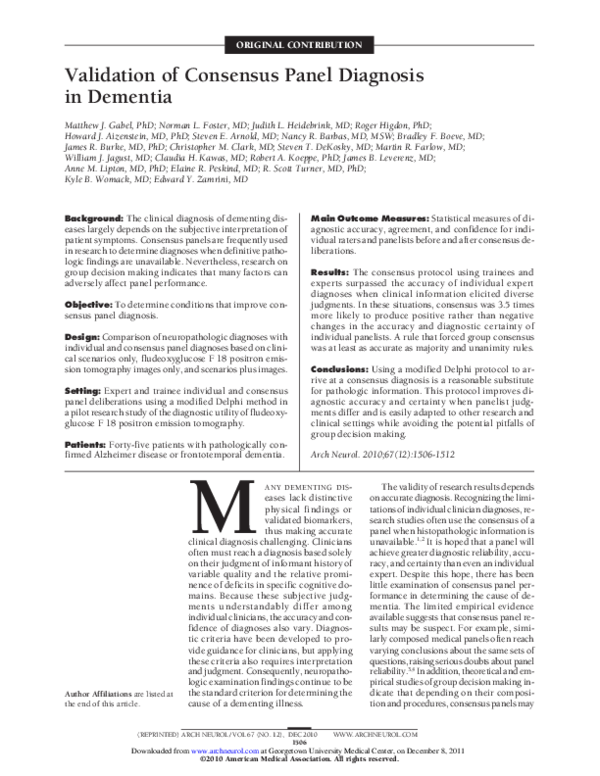 (PDF) Validation of Consensus Panel Diagnosis in Dementia