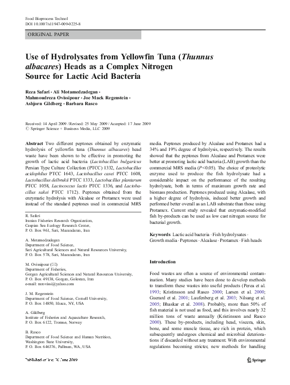 (PDF) Use of Hydrolysates from Yellowfin Tuna (Thunnus albacares) Heads ...