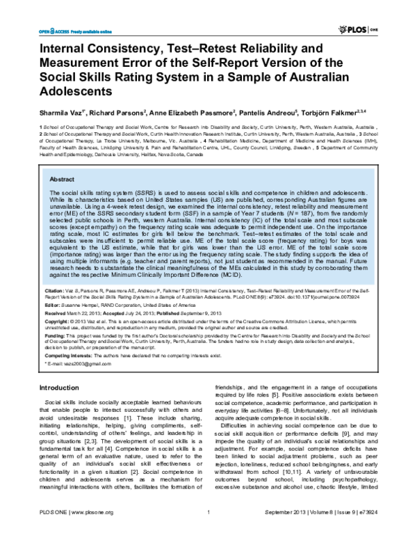 Pdf Reliability Of Ssrs In Australian Adolescents
