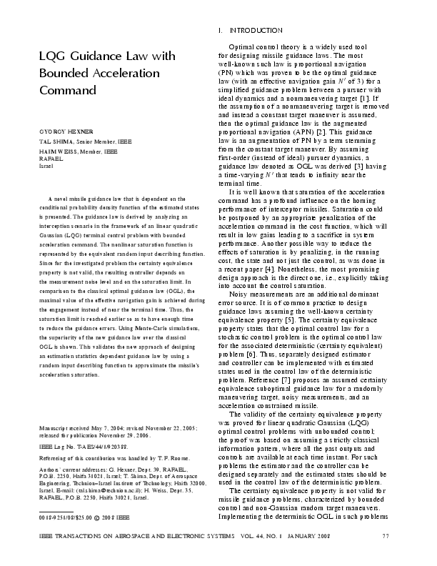 (PDF) An LQG guidance law with bounded acceleration command