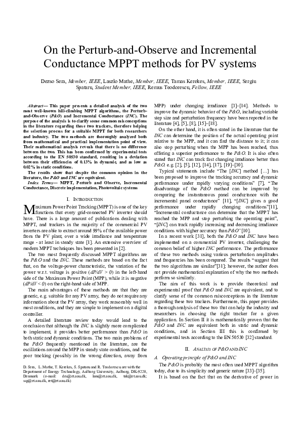 Pdf On The Perturb And Observe And Incremental Conductance Mppt Methods For Pv Systems