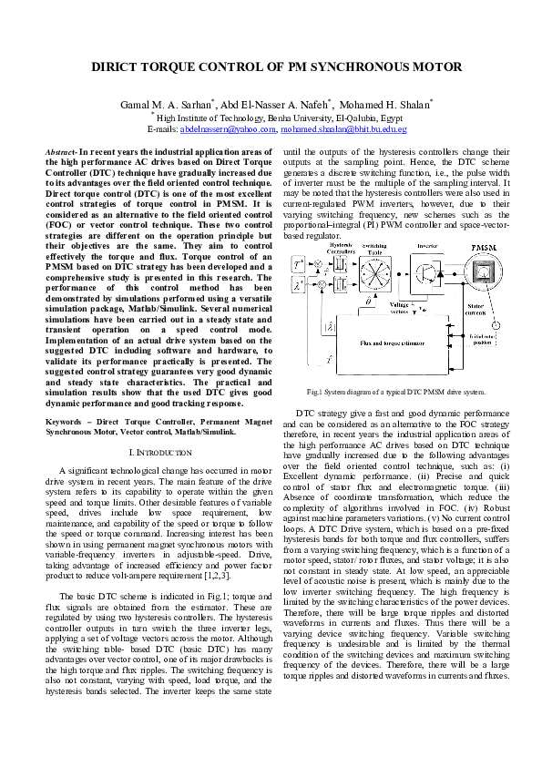 (PDF) Direct Torque Control of PM Synchronous Motor