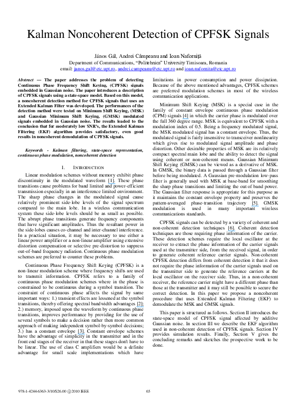 (PDF) Kalman noncoherent detection of CPFSK signals