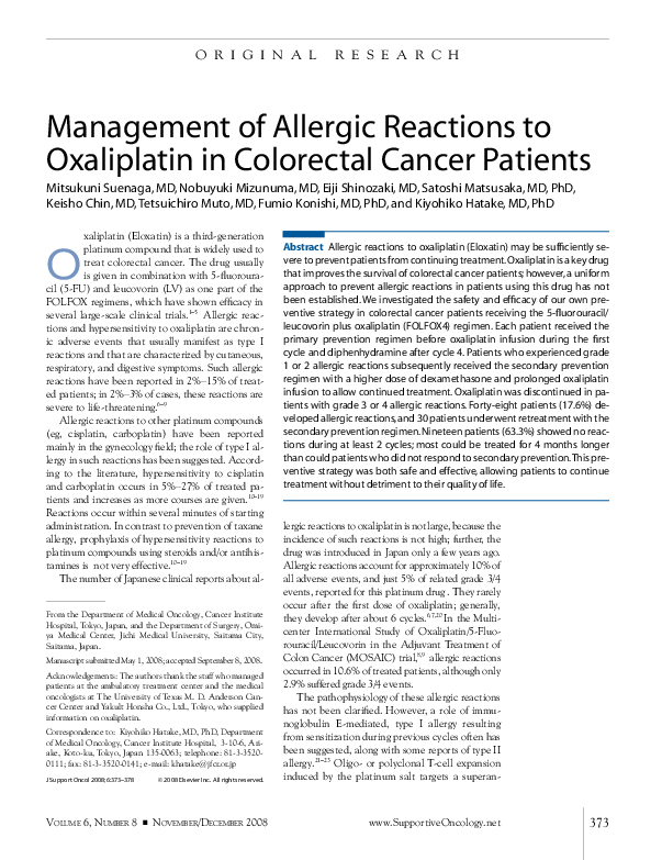 (PDF) Management of allergic reactions to oxaliplatin in colorectal ...
