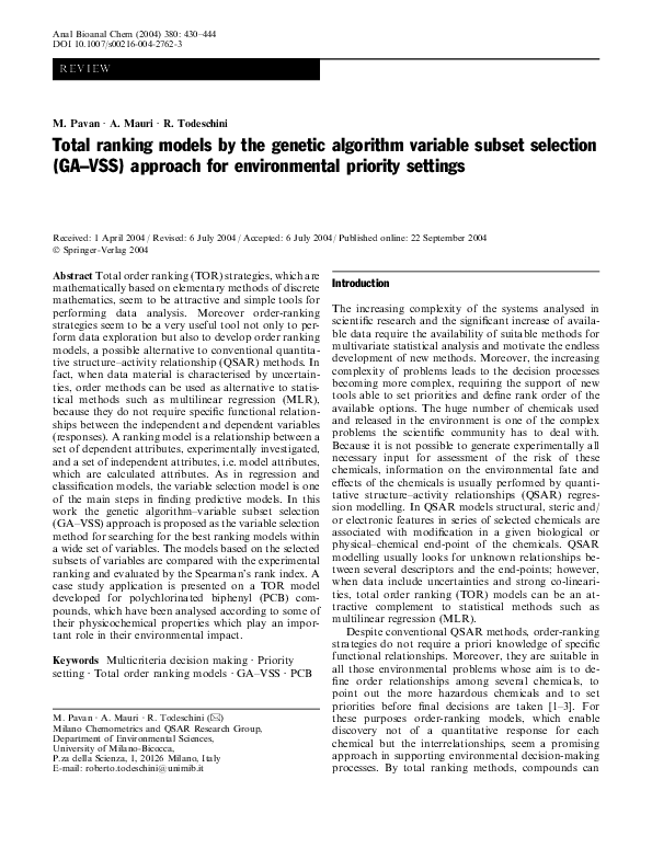 Pdf Total Ranking Models By The Genetic Algorithm Variable Subset Selection Gavss Approach