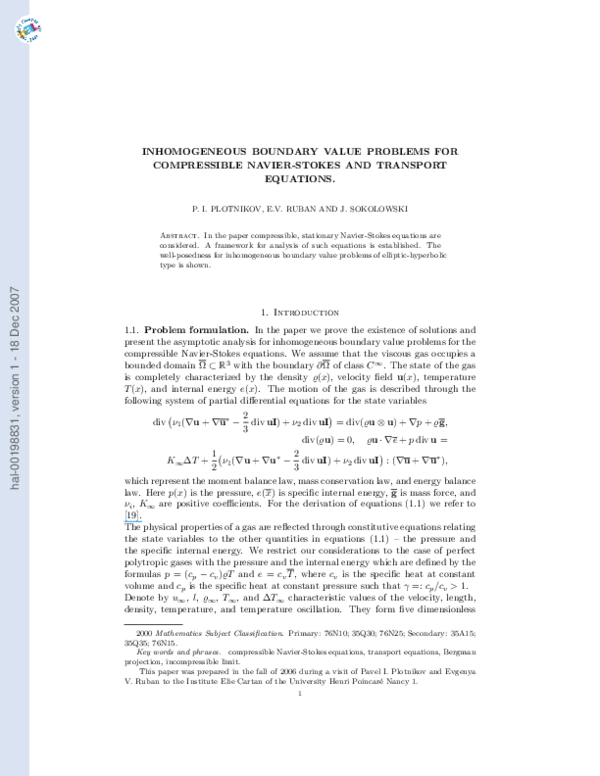 Pdf Inhomogeneous Boundary Value Problems For Compressible Navier Stokes And Transport