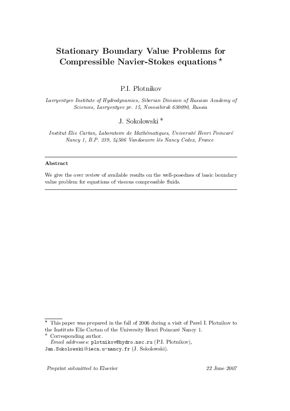 (PDF) Chapter 5 Stationary boundary value problems for compressible Navier-Stokes equations