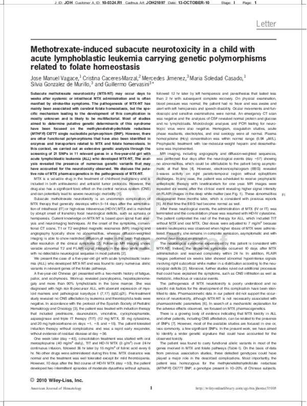 (PDF) Methotrexate-induced subacute neurotoxicity in a child with acute ...