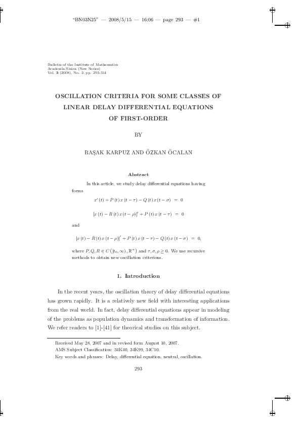 Pdf Oscillation Criteria For Some Classes Of Linear Delay Differential Equations Of First Order