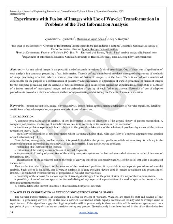 (PDF) Experiments with Fusion of Images with Use of Wavelet Transformation in Problems of the ...
