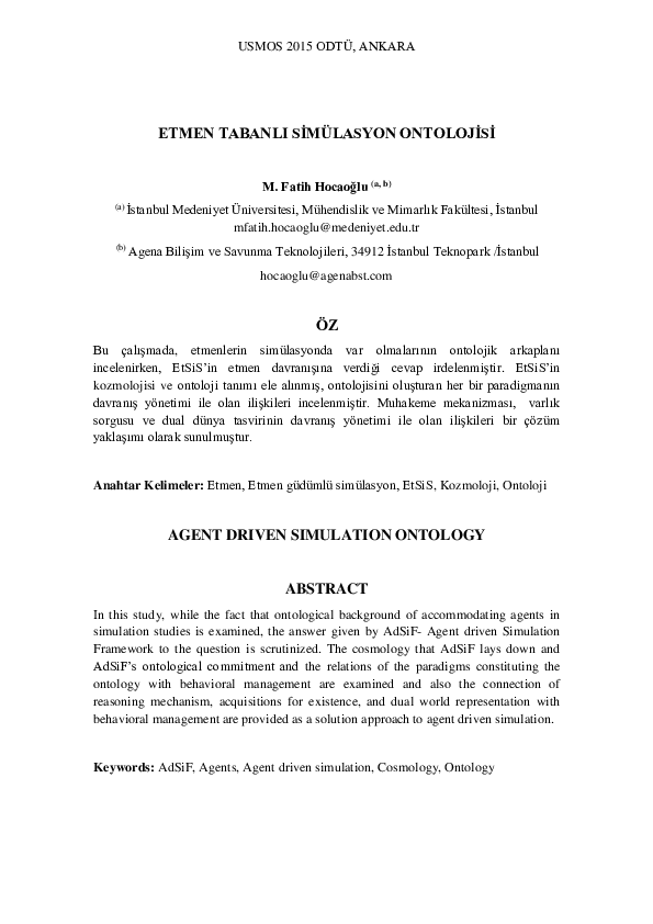 Pdf Etmen Tabanlı Simülasyon Ontolojisi Agent Driven Simulation Ontology Mehmet Fatih